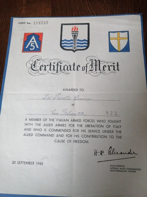 MILITARY DIPLOMA CERTIFICATE of Merit Soldier Italian Command 212 ...