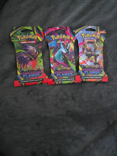 3 PACKS UNOPENED Pokémon Mega Evolution Phantasmal Flames Booster Pack ...