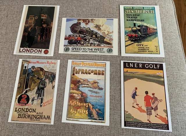 VINTAGE BRITISH TRAIN Journey advertising postcards x6.GWR/LNER/North ...