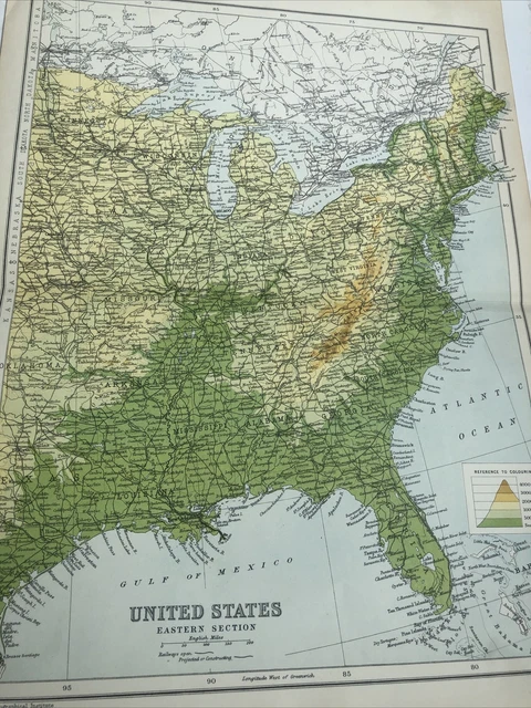 1910: ANTIQUE PHYSICAL Map Of United States Eastern Section Vintage #69 ...