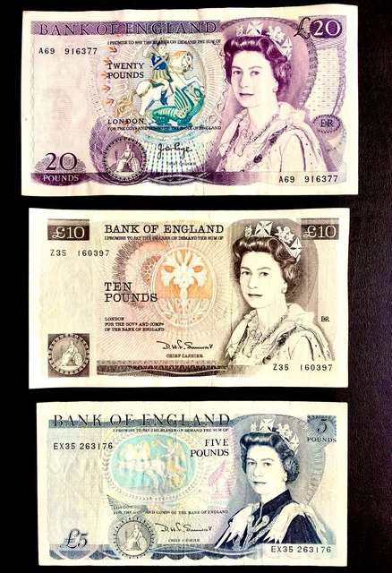 SET OF 3 1970s & 1980s British GB Pound Sterling Bank Notes (£20, £10 ...