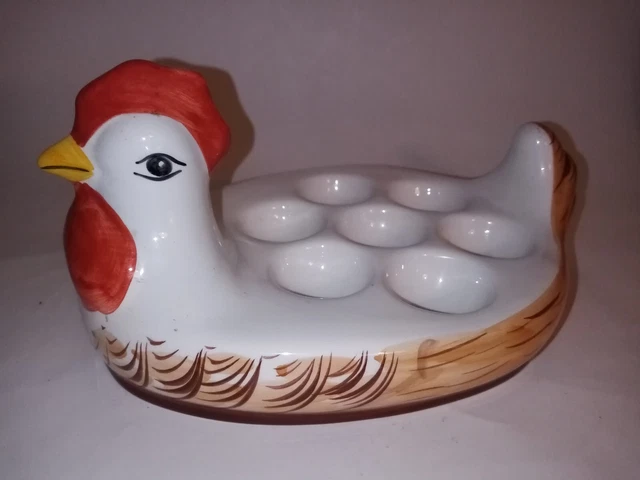 VINTAGE CERAMIC HEN Chicken Egg Holder 7 Sections On Nest Hand Painted ...