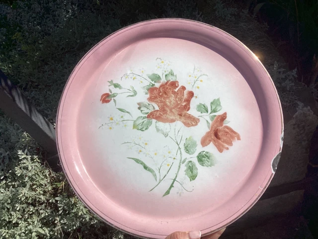 PLATEAU ROND ANCIEN émaillé rose Japy décor de roses EUR 22,00 ...