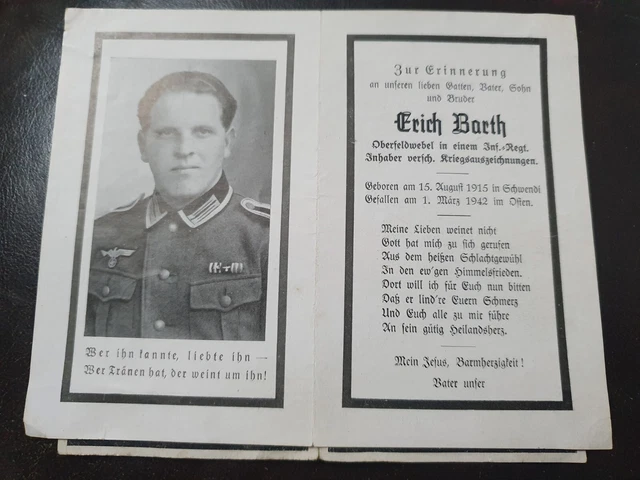 ORIGINAL GERMAN WW2 death Card ERICH BARTH fell 1 Mar 1942 Juchnow ...