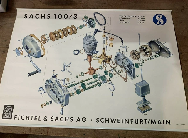 2) FICHTEL & Sachs Schautafel Schaubild Sachs 100/3 Explosionszeichnung ...