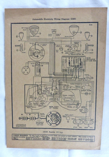 ORIGINAL AUTOMOBILE ELECTRICITY Austin 10 H.P. Wiring Diagram 1938 D361 ...
