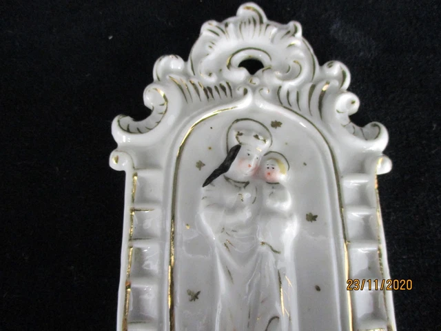ANTIQUE FRENCH HOLY Water Font Vessel Bisque Porcelain Virgin Mary ...
