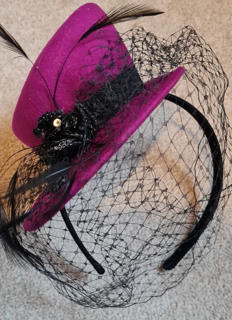 VINTAGE BLACK VEILING Pink mini top hat fascinator millinery burlesque ...