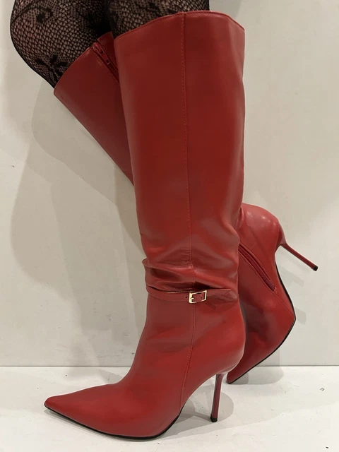 RARE NEW LOOK Red Knee High Pointed Toe Boots UK9 EU42 Vegan Excellent ...