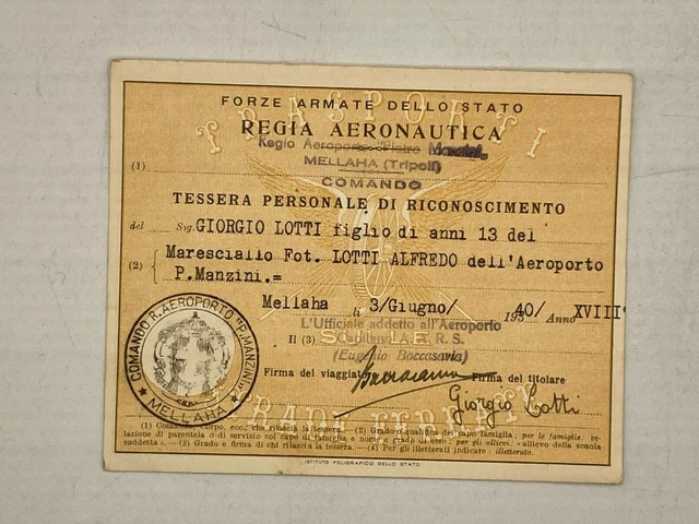 TESSERA RICONOSCIMENTO REGIA Aeronautica Mellaha Tipoli Libia 1940 ...