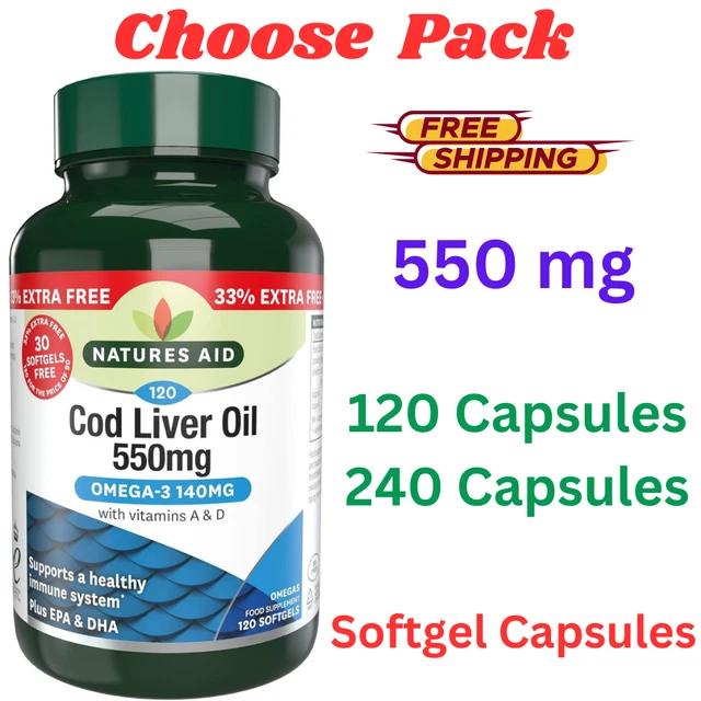 NATURES AID COD Liver Oil 550mg Softgel Capsules Providing 120 mg Omega ...