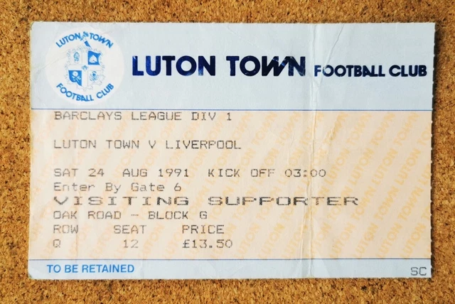 FOOTBALL MATCH TICKET Luton Town v Liverpool 24/08/91 Kenilworth Road £ ...