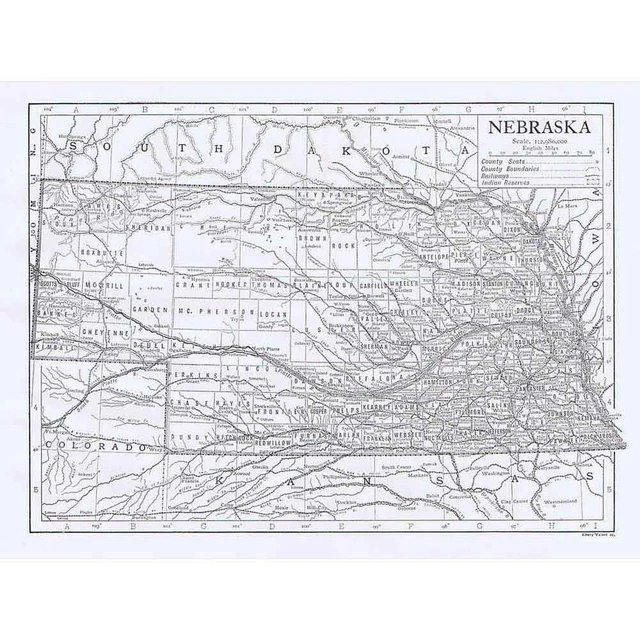NEBRASKA STATE MAP Showing Counties - Antique Map 1910 by Emery Walker ...