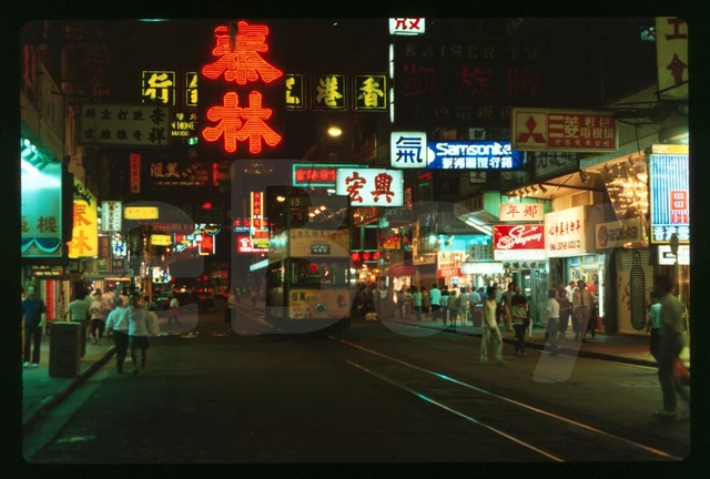 ORIGINAL TRAM SLIDE Hong Kong - night shot GV with Hong Kong Tramways ...
