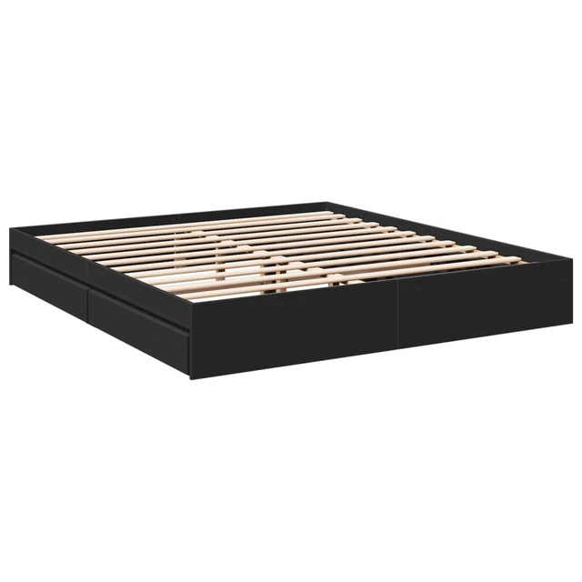 BED FRAME BLACK Engineered Wood 200x200 cm with 4 Drawers Plywood Slats ...