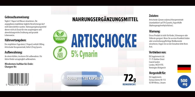 ARTICHOKE EXTRACT 500MG 120 Vegan Capsules, 5% Cynarin, 3Rd Party Lab ...