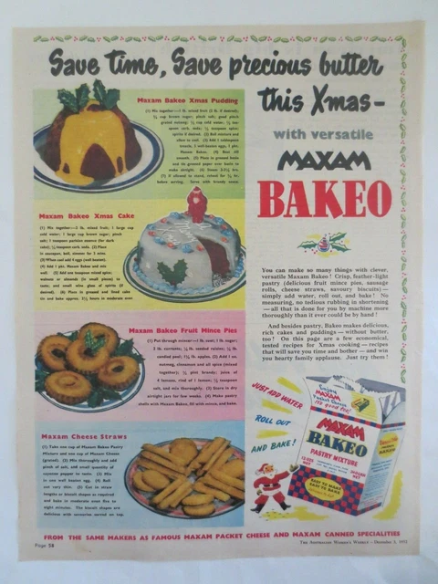 VINTAGE AUSTRALIAN ADVERTISING 1952 ad MAXAM BAKEO PASTRY MIXTURE ...