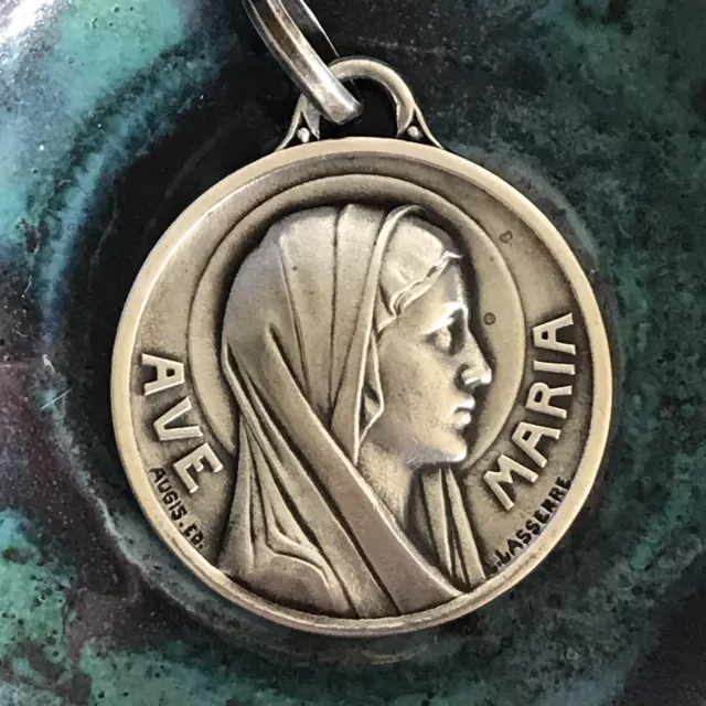 GRANDE MÉDAILLE RELIGIEUSE Bronze Vierge Marie Signée Lasserre Augis ...