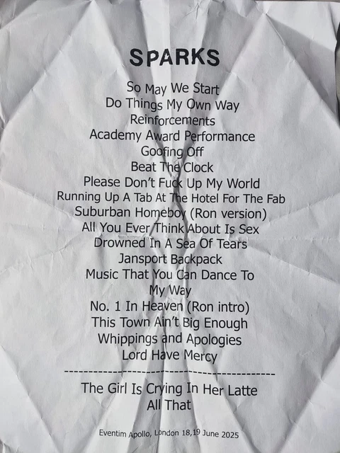 SPARKS SETLIST, HAMMERSMITH Apollo, 19th June 2025 £1.13 - PicClick UK