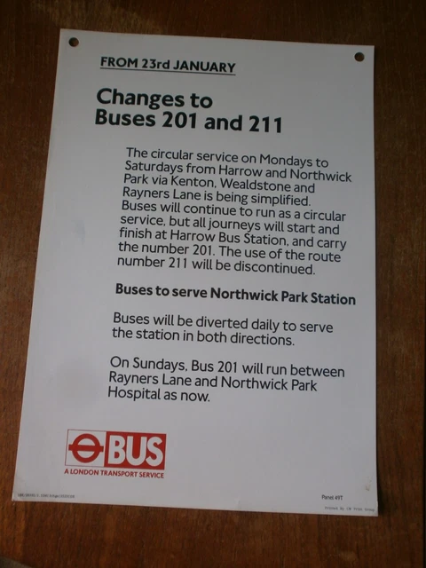 LONDON TRANSPORT BUS Stop Timetable Panel Poster-Changes to Routes 201 ...