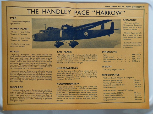 HANDLEY PAGE HARROW Hp Ww Ii Raf Aircraft Old Data Chart 1933 Bristol ...