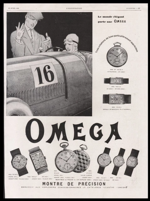 PUBLICITÉ 1929 MONTRE OMEGA dessin René Vincent course pilote dos café ...