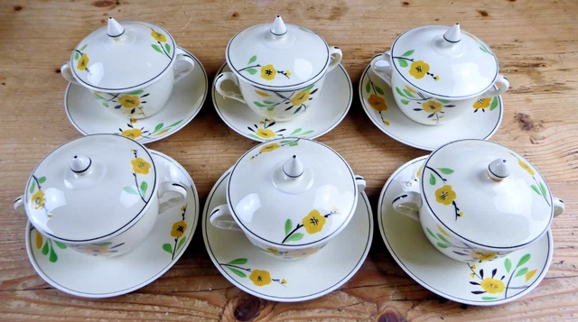 6 VINTAGE RIDGWAYS Bedford Ware Soup/Chocolate Bowls, Lids, Saucers ...