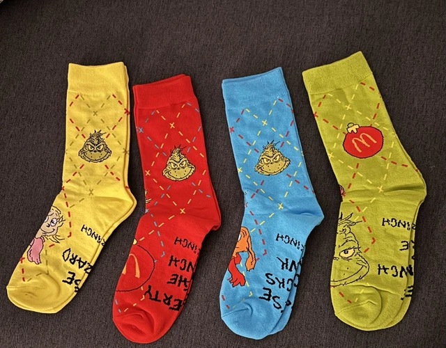 MCDONALD’S GRINCH SOCKS 2025 SEALED COMPLETE Set Of 4 W/ 1 Grinch salt ...