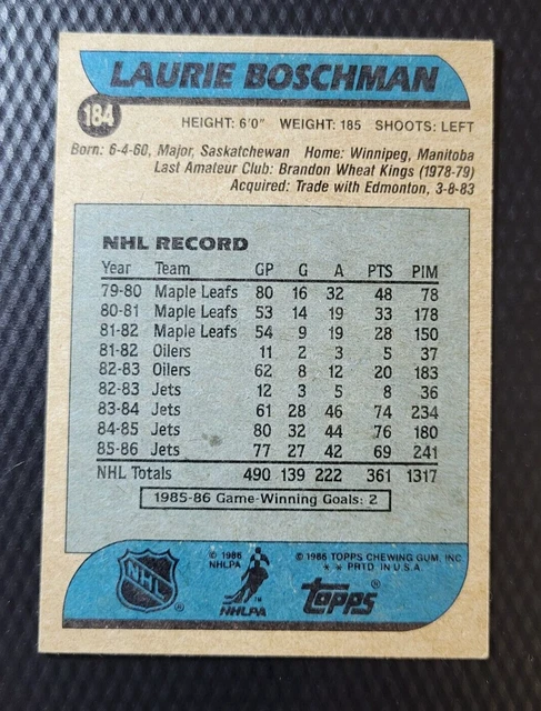 1986-87 TOPPS LAURIE BOSCHMAN Winnipeg Jets Hockey carte LNH #184 EUR 3 ...