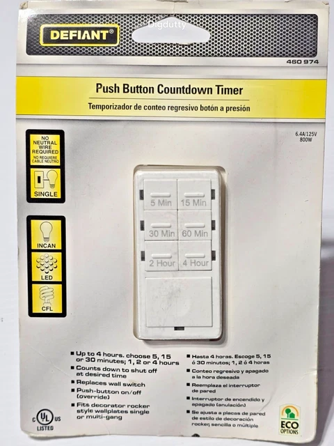 DEFIANT PUSH BUTTON Countdown Timer 5/15/30/60 Min 2/4 Hr 6.4A/125V ...