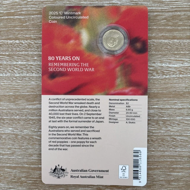 2025 $2 REMEMBRANCE 80th Ann of WWII poppy wreath C Mint coin on card ...