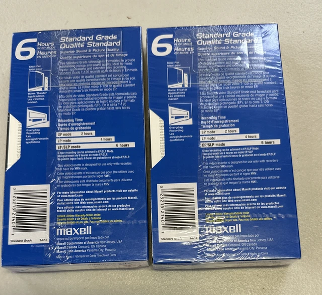 TWO (2) MAXELL Standard Grade T-120 Blank VHS Video Tape 6hrs. NEW ...