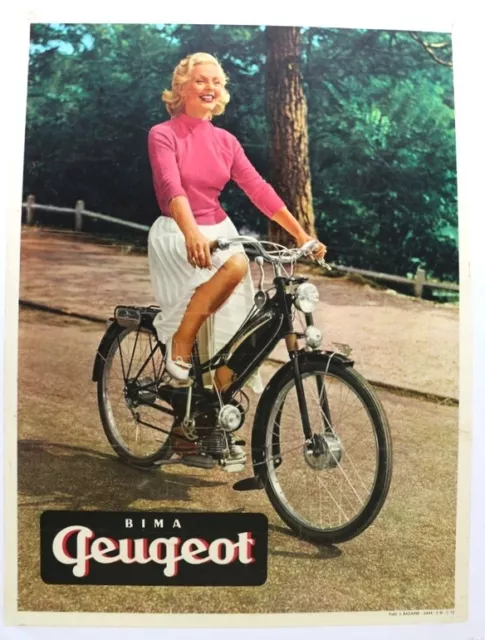 AFFICHE ORIGINALE 1956 PEUGEOT BIMA cyclo 2 roues Mobylette mob solex ...