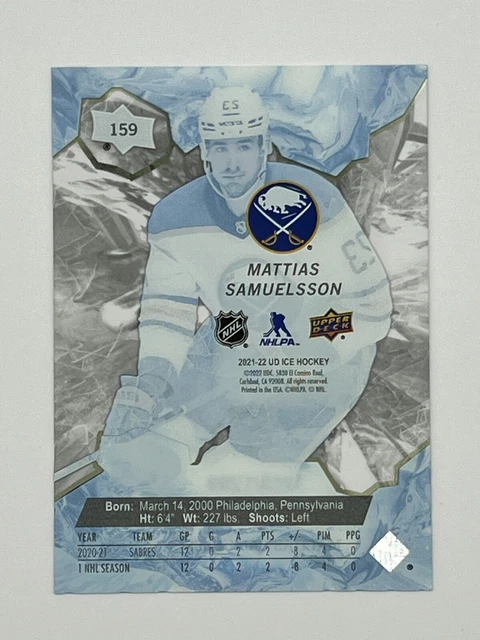 MATTIAS SAMUELSSON 21-22 Ud Ice Premières Rookie 1113/1299 #159 Sabres ...