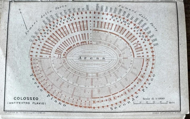 CARTA GEOGRAFICA ANTICA Pianta Anfiteatro Flavio ROMA COLOSSEO TCI 1925 ...