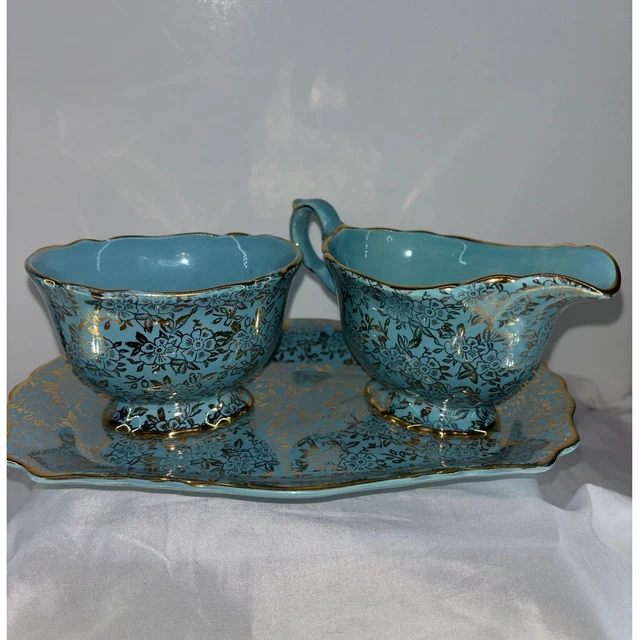 JAMES S KENT Staffordshire Old Foley Blue Floral Gold Creamer Sugar ...