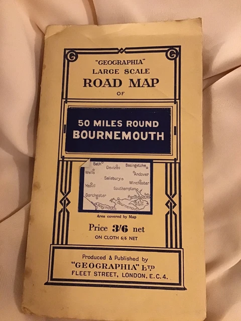 VINTAGE GEOGRAPHIA LARGE SCALE ROAD MAP Of “50 MILES ROUND BOURNEMOUTH ...