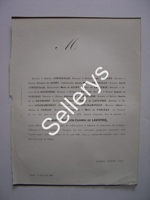 FAIRE PART DE décès Similien Casimir de LAVOYRIE 1863 Olonne Les Sables-d’Olonne EUR 24,90 ...