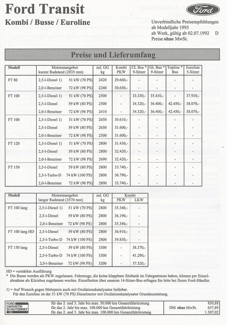 FORD TRANSIT STATION wagon bus Euroline price list 1992 2.7.92 D price ...