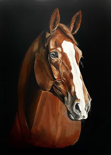 COA ORIGINAL ART peinture acrylique portrait de cheval alezan 20"x28 ...
