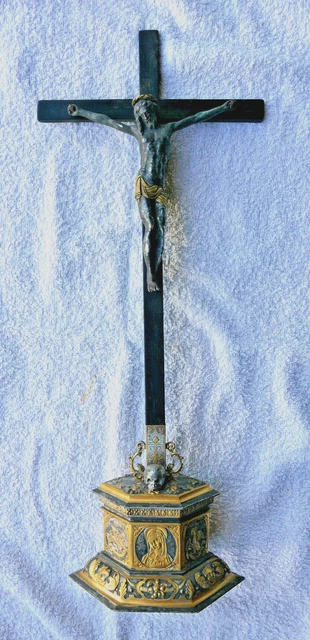 ANCIEN CRUCIFIX CHRIST fer bronze doré ébène Italie Florence XIXe 42 cm ...