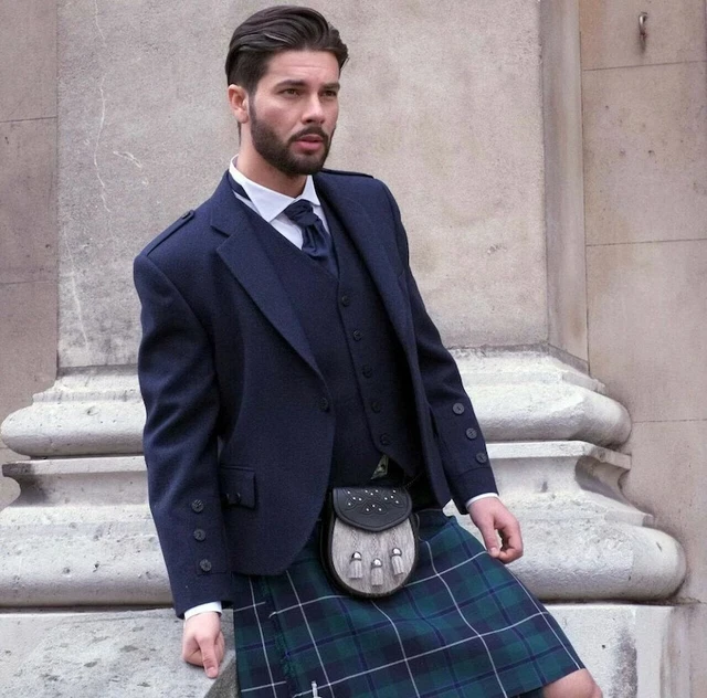 MEN'S SCOTTISH NAVY Blue Tweed Wool Argyle Kilt Jacket with 5 Button ...