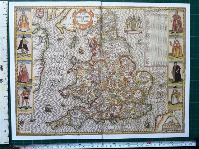 OLD ANTIQUE TUDOR map & Chart of England & Wales: costumes: Speed 1600 ...