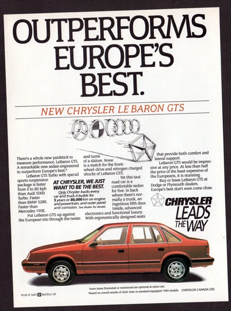 1985 CHRYSLER LEBARON GTS Turbo Vintage Original Print AD - Red car ...