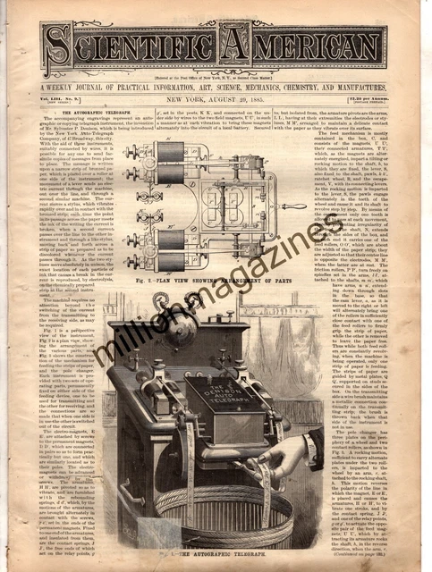 1885 SCIENTIFIC AMERICAN August 29 - Autographic Telegraph; Dinosaur ...