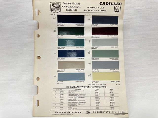 1951 CADILLAC ORIGINAL Sherwin-Williams Paint Color Chip Chart £8.57 ...