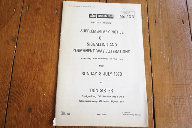 1979 DONCASTER SIGNAL Box Railway Signalling Diagram Notice Map Eastern ...