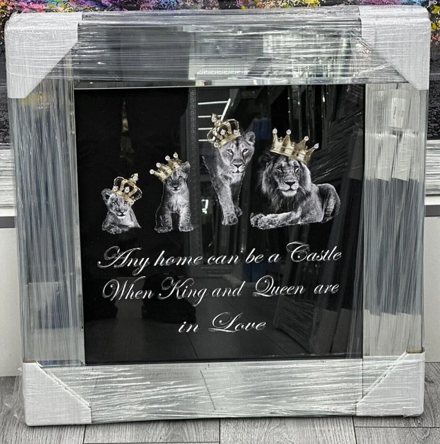 LION KING AND QUEEN WITH CROWNS LIQUID ART WALL FRAME CHROME LOOK ...