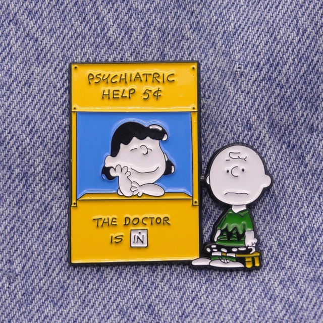 SNOOPY CHARLIE AND Lucy Enamel Pin Badge Psychiatric Help funny Cartoon ...