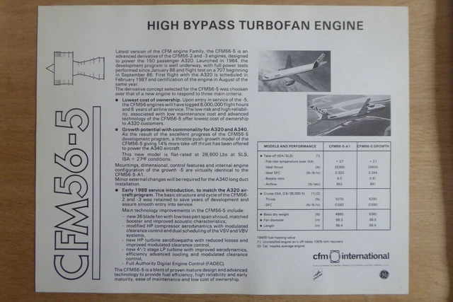1986 SNECMA GE Cfm Cfm56-5 Turbofan Engine Airbus A320 A340 Straight Back Document £10.27 ...